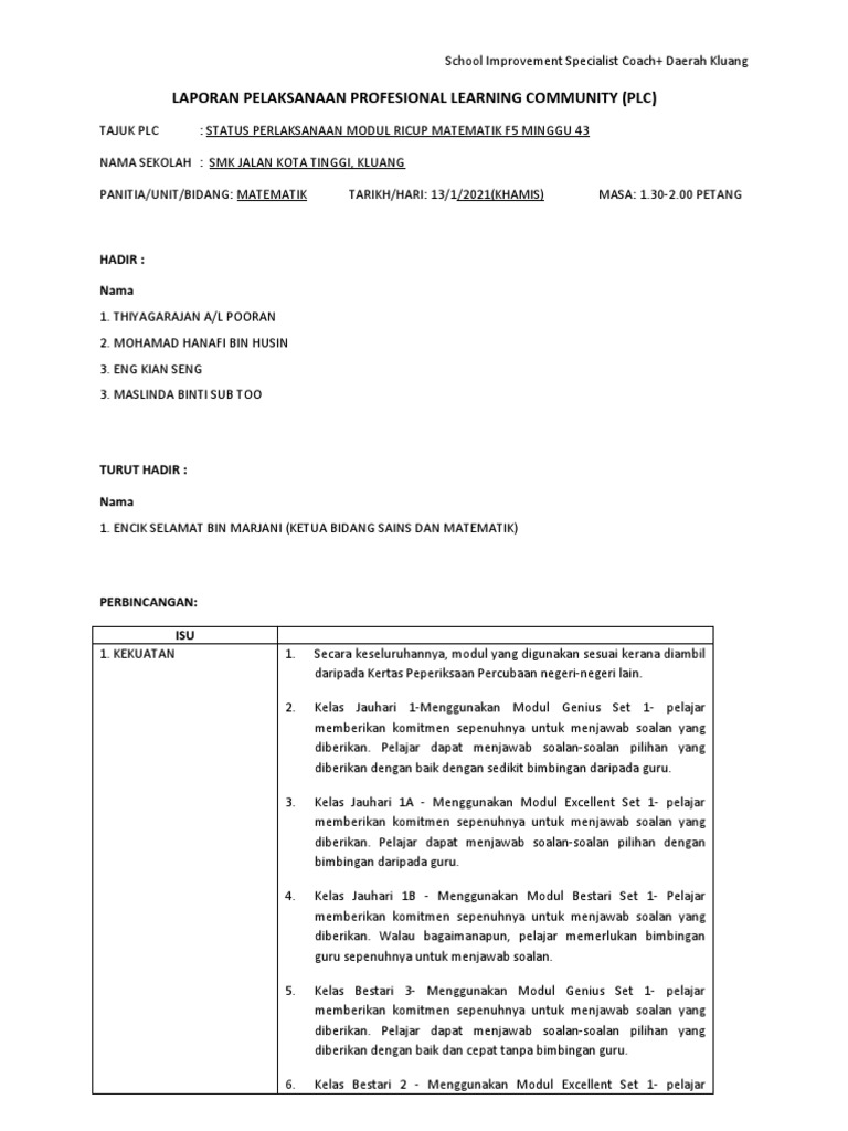 Laporan Pelaksanaan Modul Matematik F5 | PDF