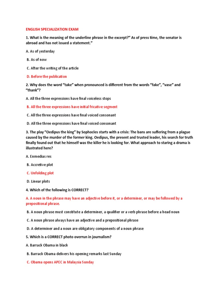 English Specialization Exam Overview | PDF | Noun | Phrase