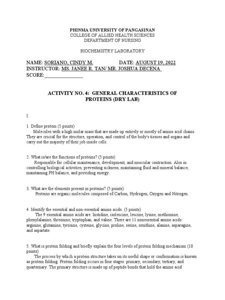 SORIANO, CINDY M. (BIO 024) LAB ACTIVITY 4 - Proteins | PDF | Amino ...