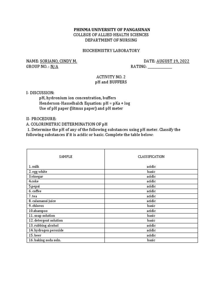 Soriano, Cindy M. (Bio 024) Lab Acitivity 2 | PDF | Ph | Acid Dissociation Constant