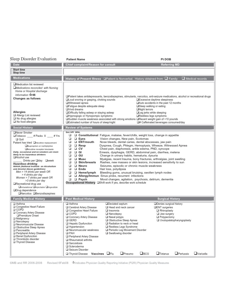 Sleep Disorder Evaluation Template | PDF | Sleep Disorder | Sleep Apnea