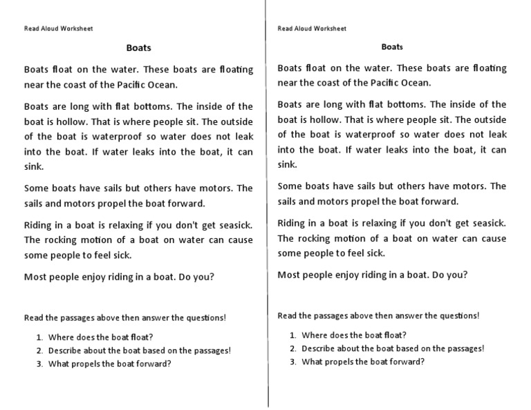 Boats: Read Aloud Worksheet Read Aloud Worksheet | PDF