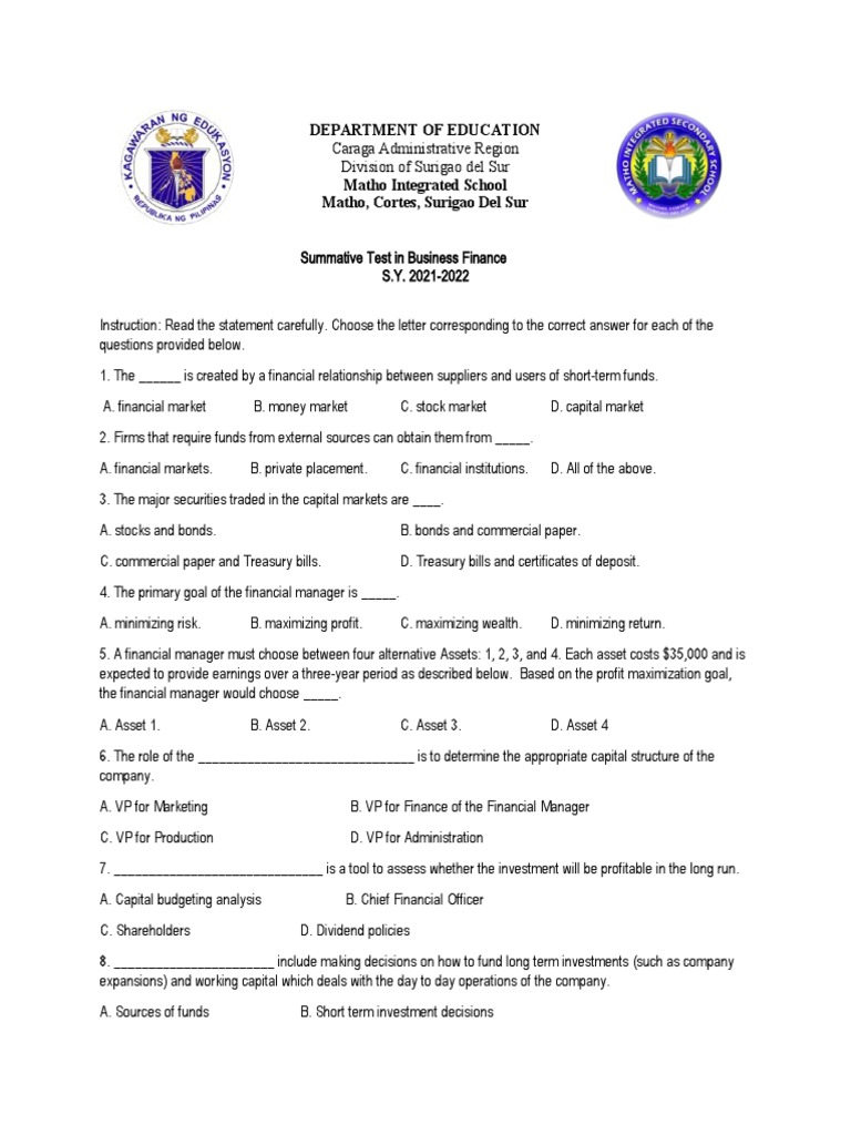 Summative Test 2021-2022 | PDF | Financial Markets | Stocks