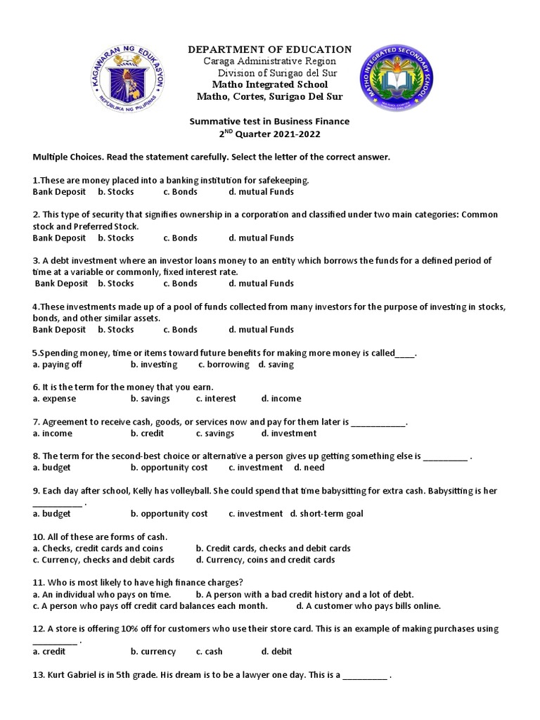 Summative Test in Business Finance | PDF | Credit Card | Finance ...