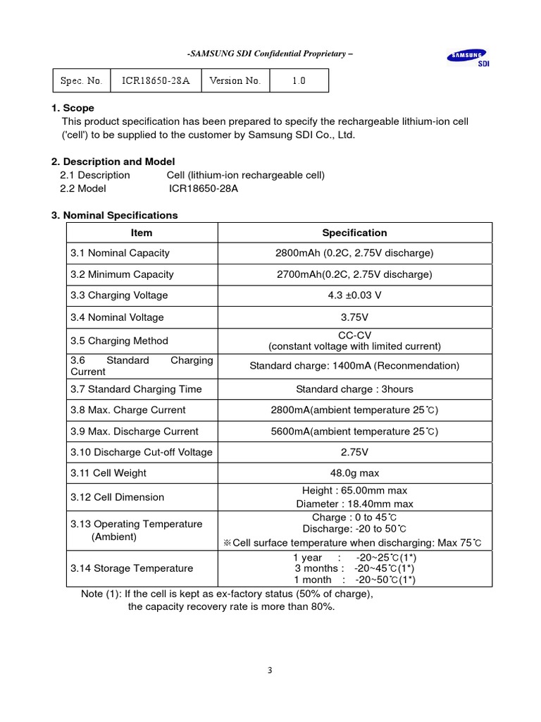 Specification Sheet for the Samsung SDI ICR18650-28A Lithium-Ion ...