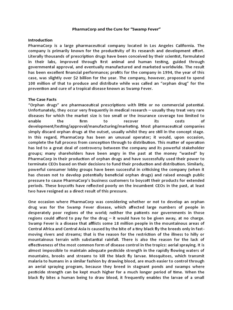 PharmaCorp and The Cure For Swamp Fever | PDF | Malaria ...