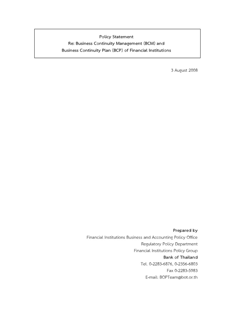 Policy Statement Re: Business Continuity Management (BCM) and Business ...