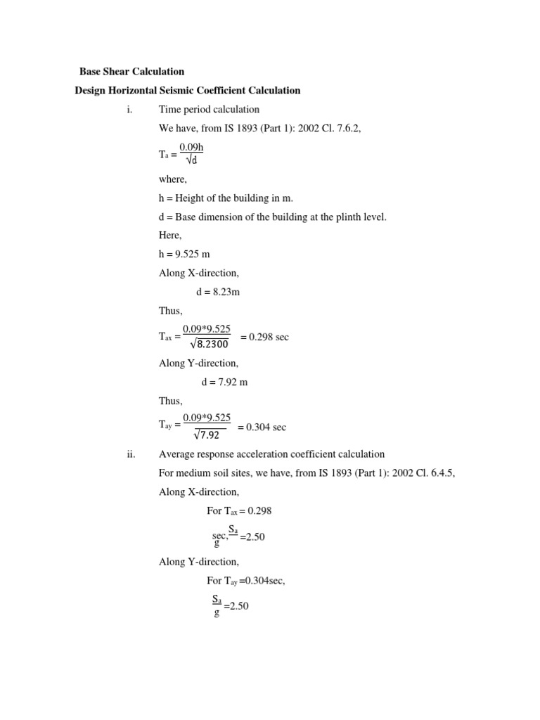 Base Shear Calculation Design Horizontal Seismic Coefficient Calculation | PDF | Applied And ...