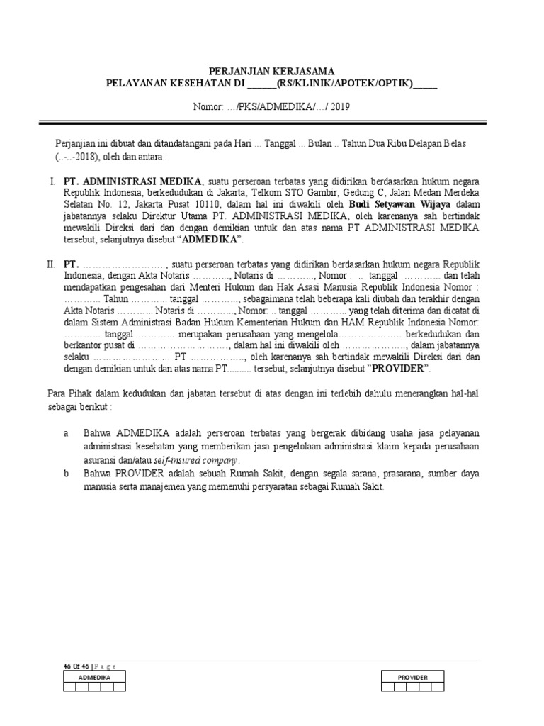 Draft PKS Admedika - Provider (RS) Jan 2019 | PDF