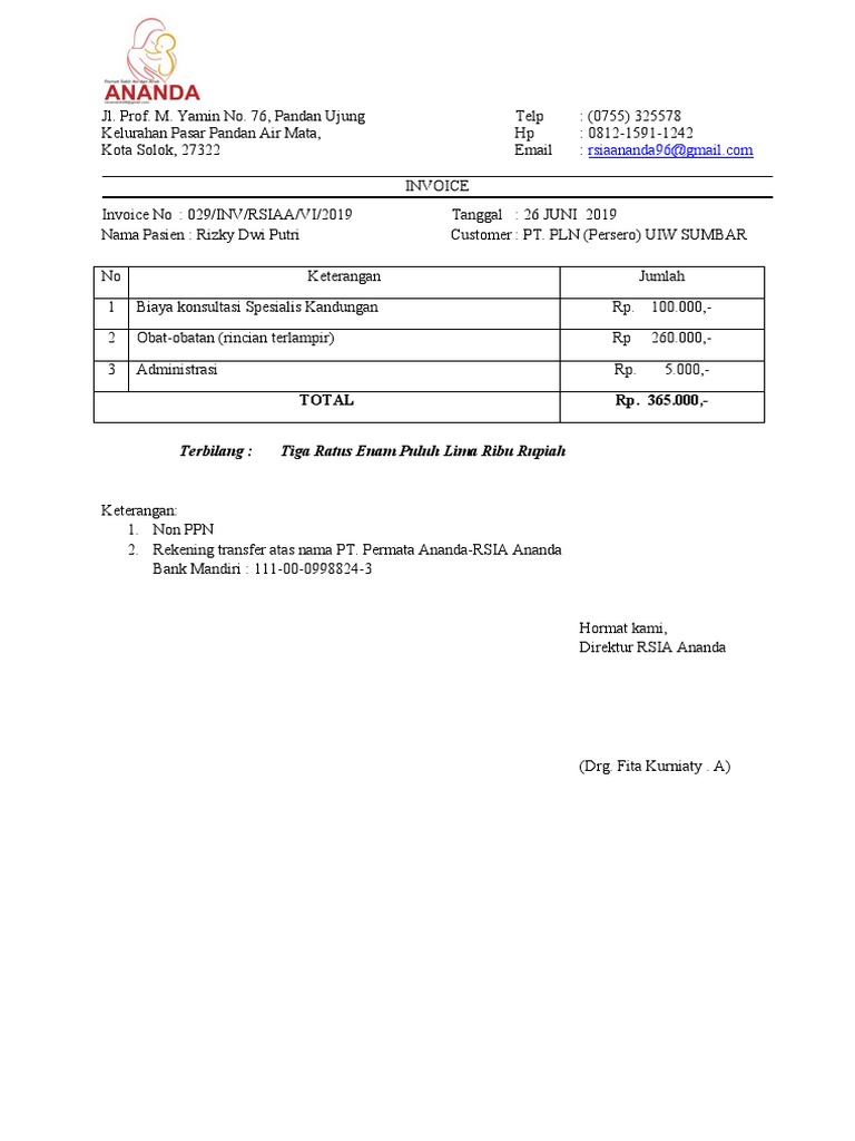 Invoice RSIA Ananda Juni 2019 | PDF