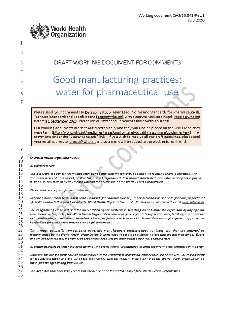 WHO-Annex 2-Draft 2020-GMP-Water For Pharmaceutical Use | PDF ...