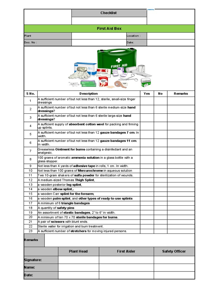 First Aid Box HSE Checklist | PDF