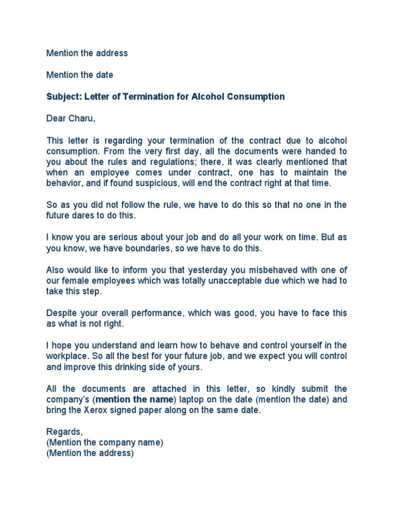 Termination Letter for Alcohol Misconduct | PDF | Career & Growth ...