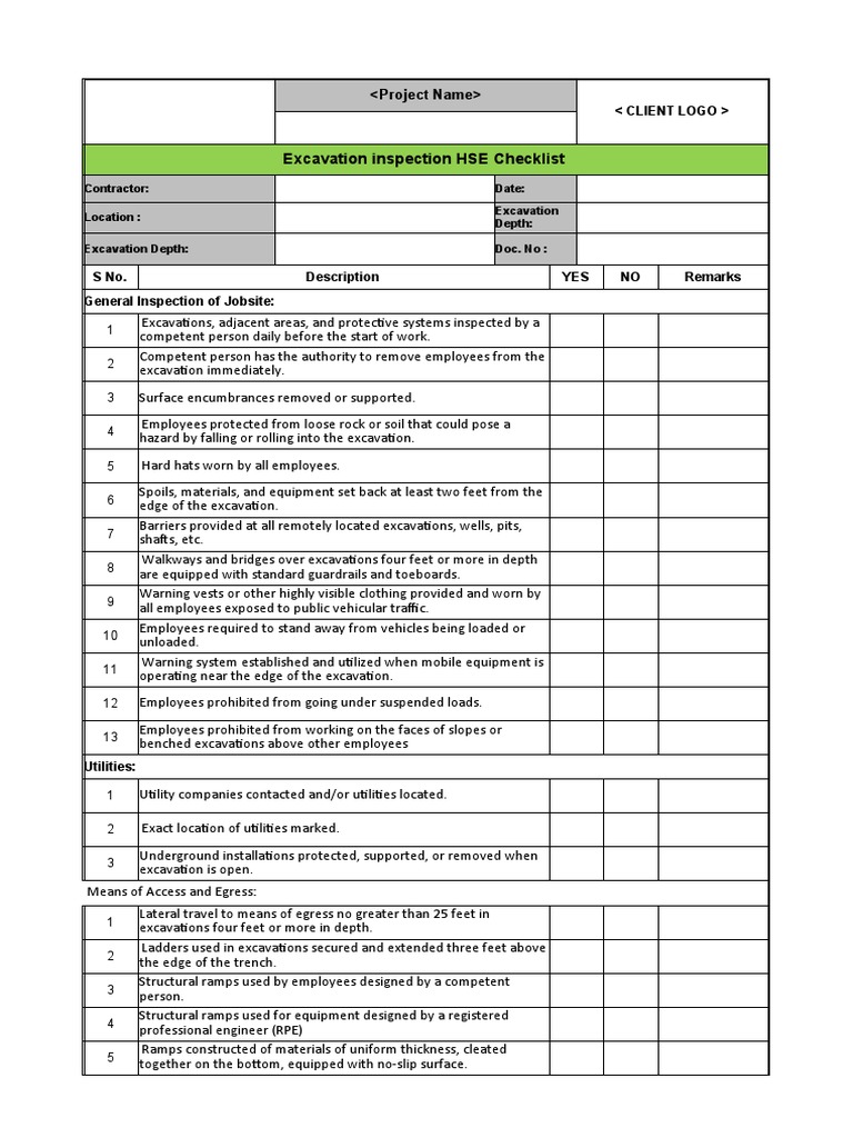 Excavation Safety Inspection Checklist | PDF | Safety