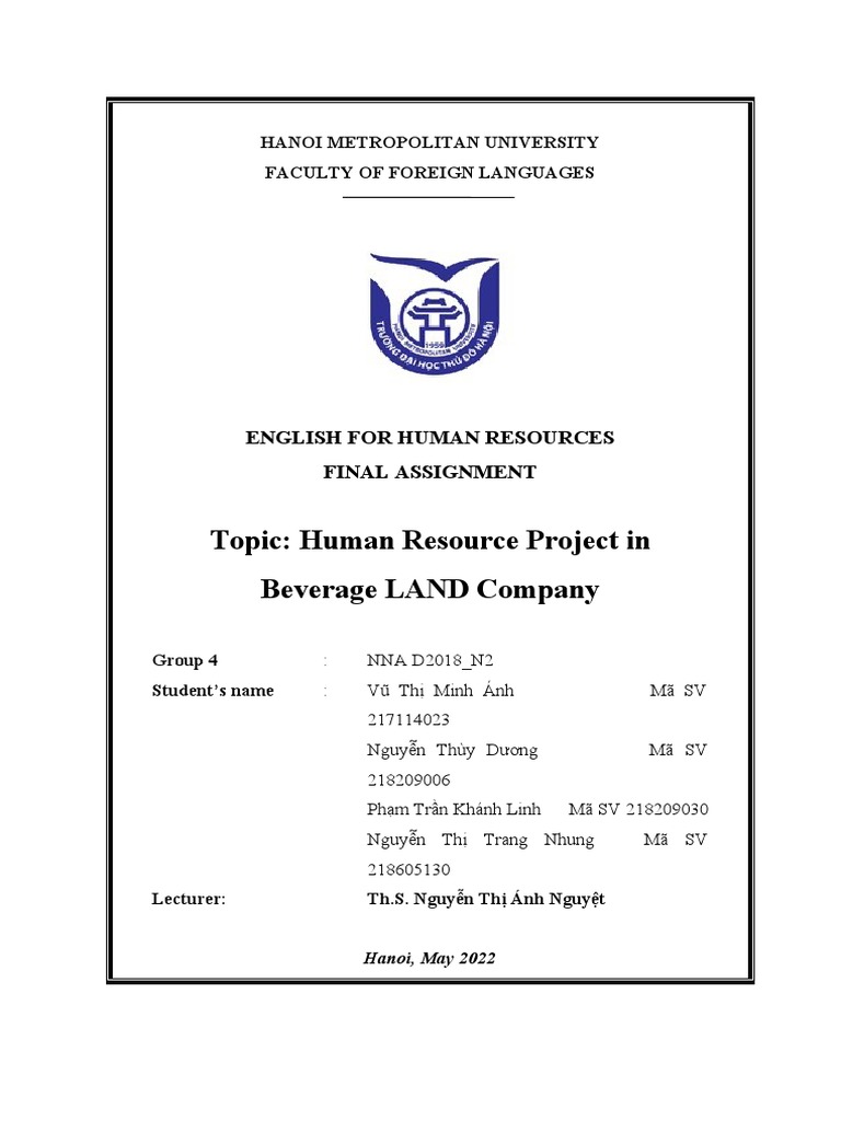 Topic: Human Resource Project in Beverage LAND Company: Hanoi ...