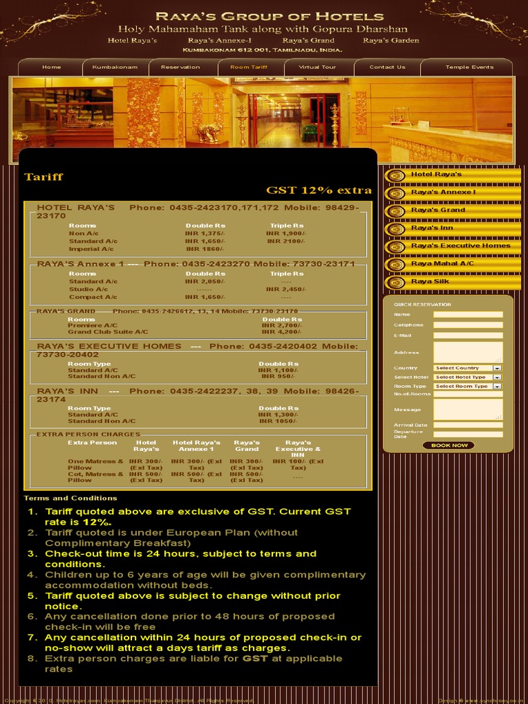 Room Tariff in Hotel Rayas Kumbakonam | PDF | Public Finance | Trade