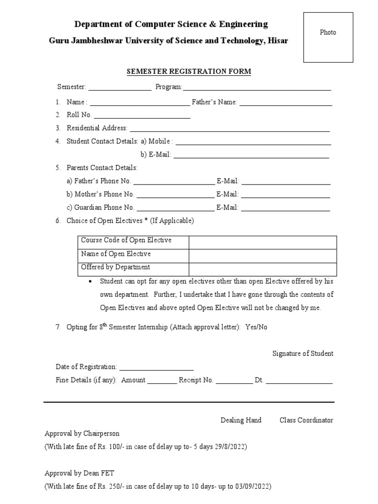 Semester Registration Form 2022 | PDF
