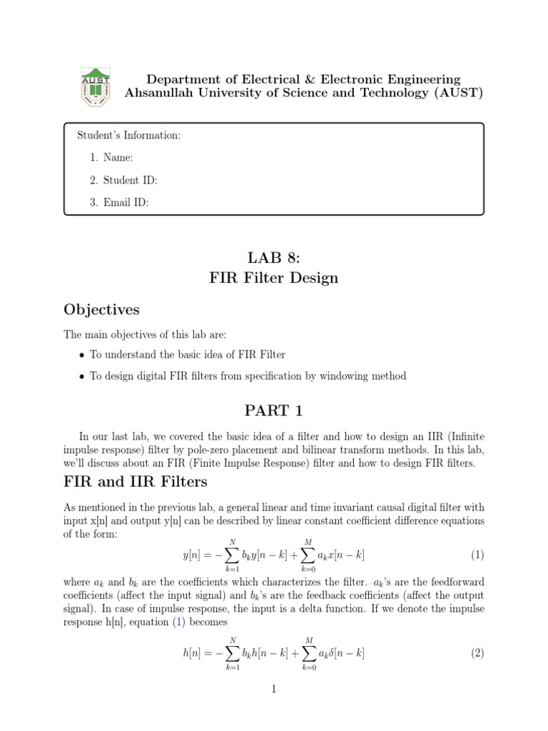 LAB 8: FIR Filter Design Objectives | Download Free PDF | Digital Signal Processing ...