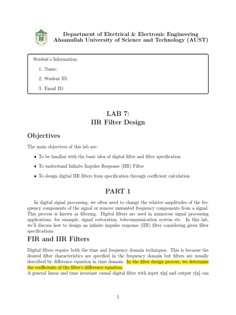 LAB 7: IIR Filter Design Objectives | PDF | Low Pass Filter | Information And Communications ...