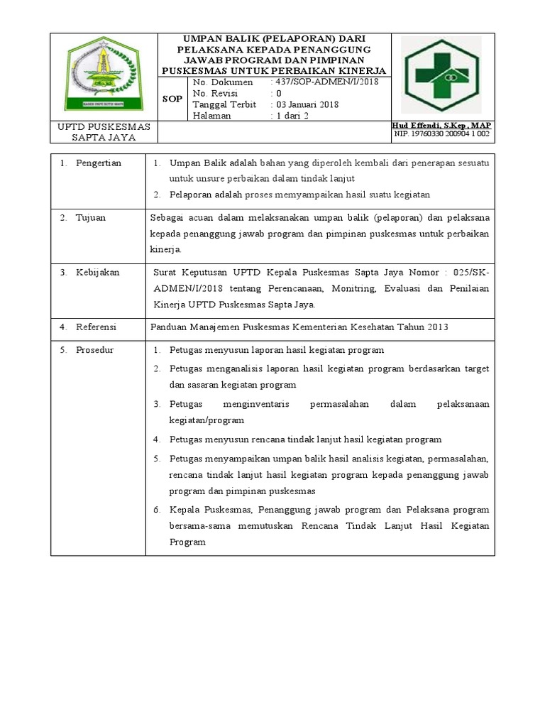2.3.9.3 Sop Umpan Balik (Pelaporan) Dari Pelaksana Kepada PJ Program Dan Pimpinan Puskesmas ...