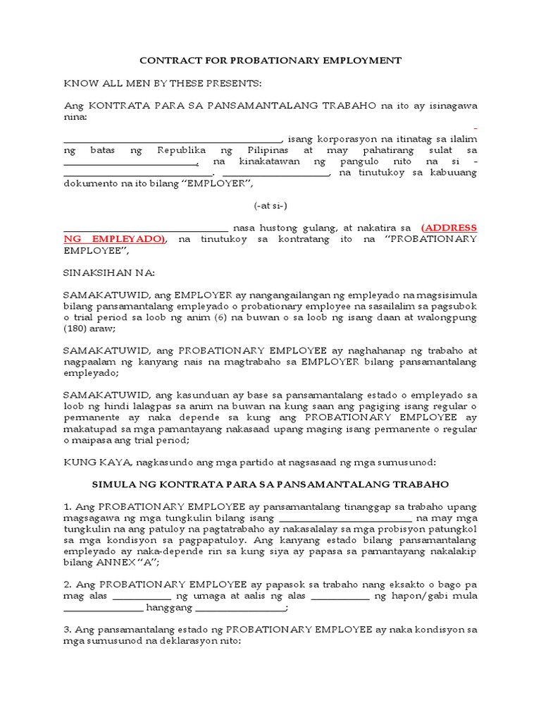 Template Probationary Contract Filipino/Tagalog Version, 05/12/2023