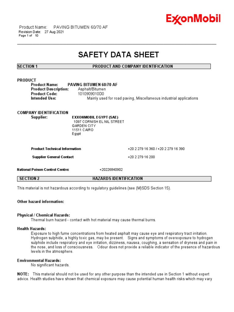 Safety Data Sheet: Product Name: PAVING BITUMEN 60/70 AF | PDF ...