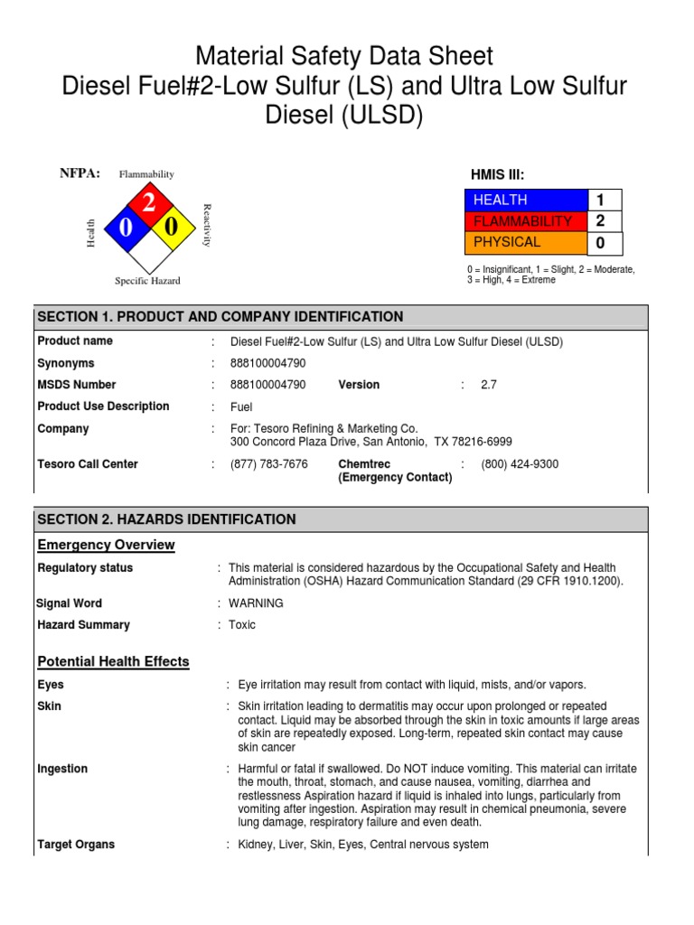 Material Safety Data Sheet Diesel Fuel#2-Low Sulfur (LS) and Ultra Low Sulfur Diesel (ULSD ...