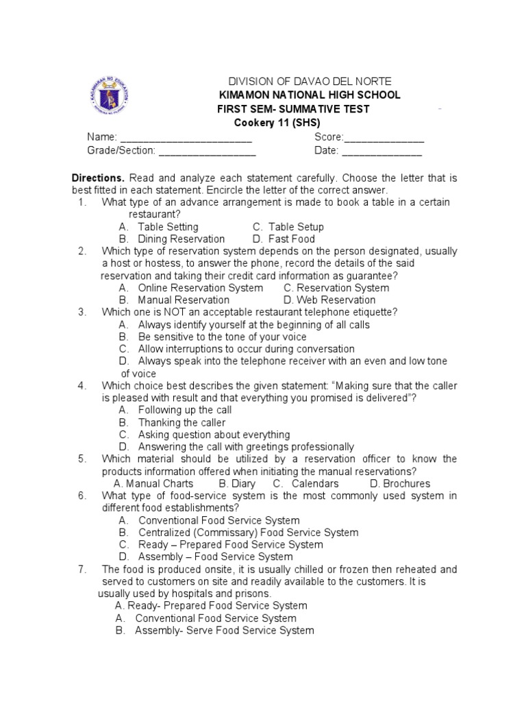 Kimamon National High School First Sem-Summative Test Cookery 11 (SHS ...