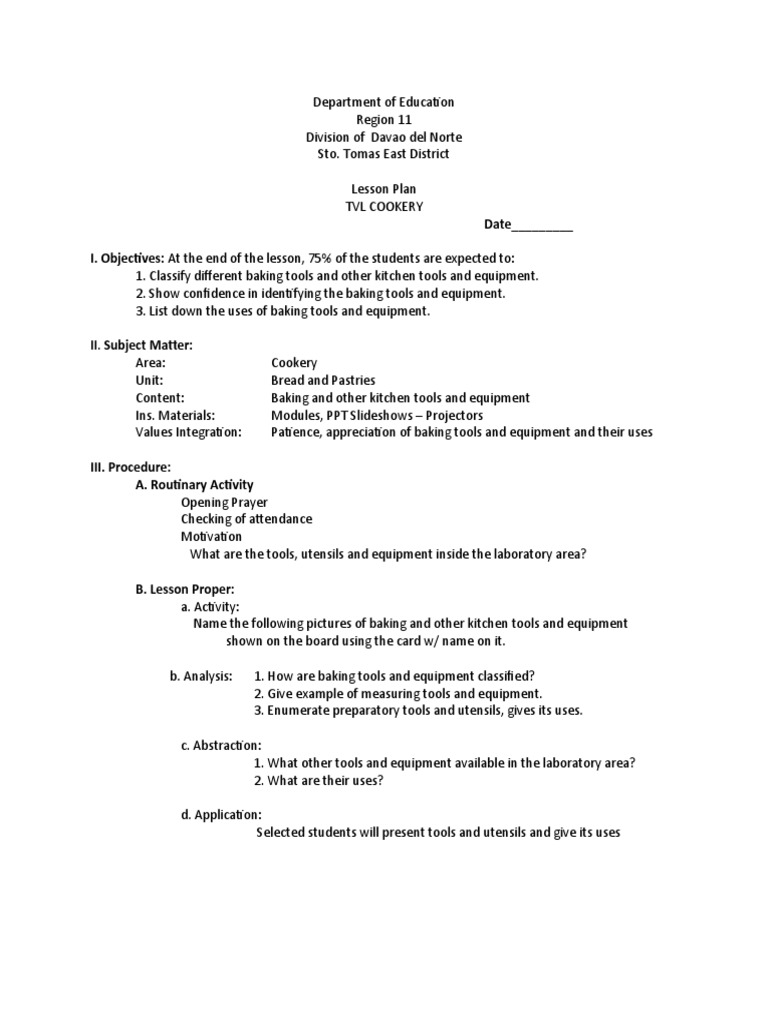 RPMS Lesson Plan - Cookery 2022 | PDF | Baking | Cooking