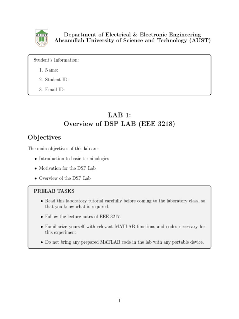 LAB 1: Overview of DSP LAB (EEE 3218) Objectives | PDF | Digital Signal Processing | Discrete ...