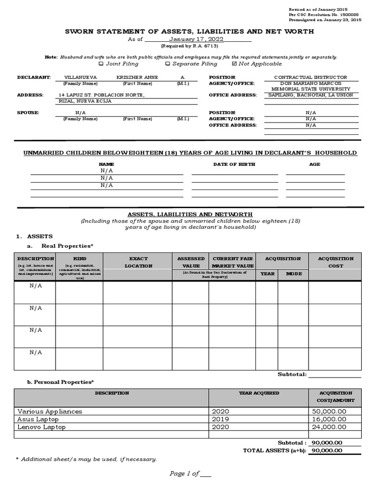 Sworn Statement of Assets, Liabilities and Net Worth | PDF | Net Worth ...