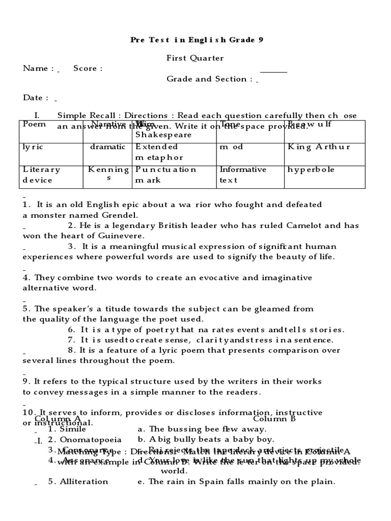 Grade 9 English Pre-Test | PDF | Linguistics | Human Communication