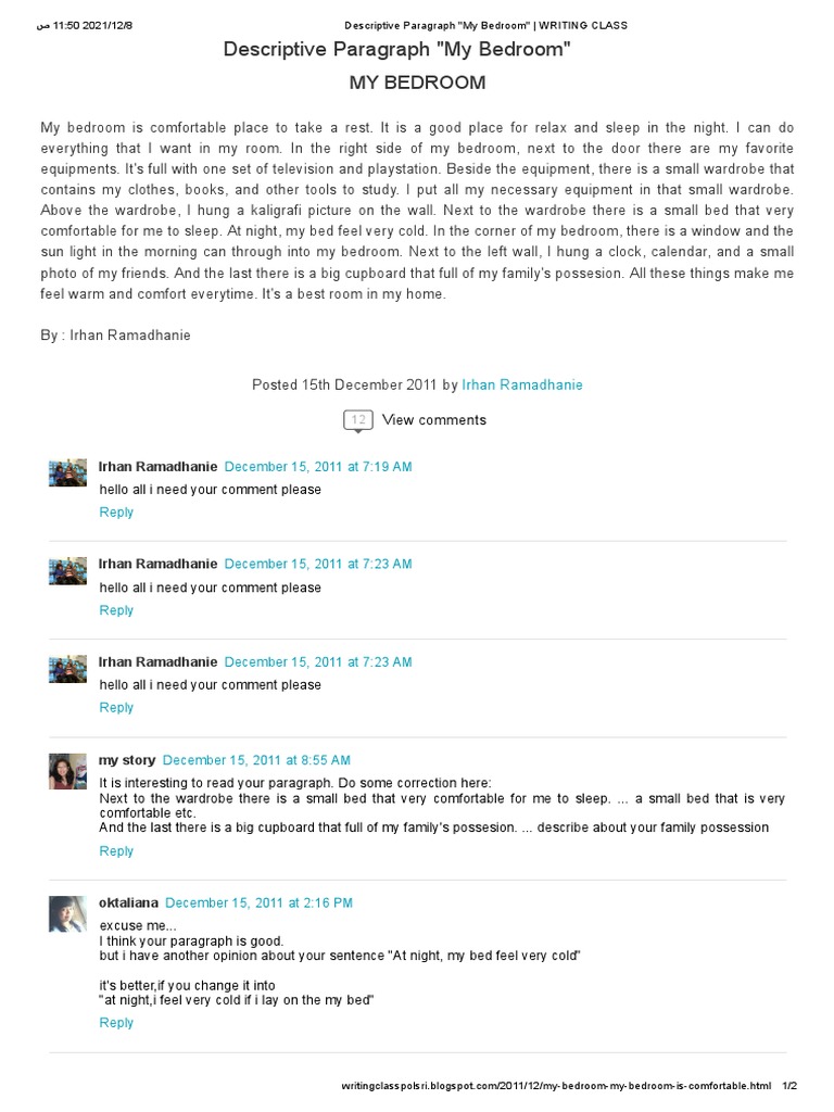 Descriptive Paragraph - My Bedroom - WRITING CLASS | PDF | Bedroom