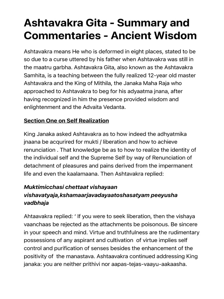 Ashtavakra Gita - Summary and Commentaries - Ancient Wisdom | PDF | Ātman (Hinduism) | Meditation