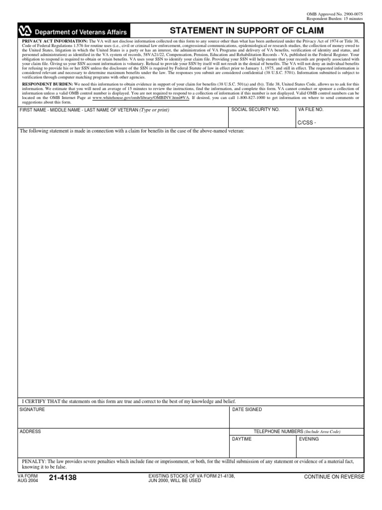 VA form 21-4138, Aug 2004 | United States Code | Social Security Number