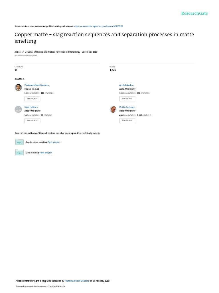 Copper Matte - Slag Reaction Sequences and Separat | PDF | Iron | Smelting