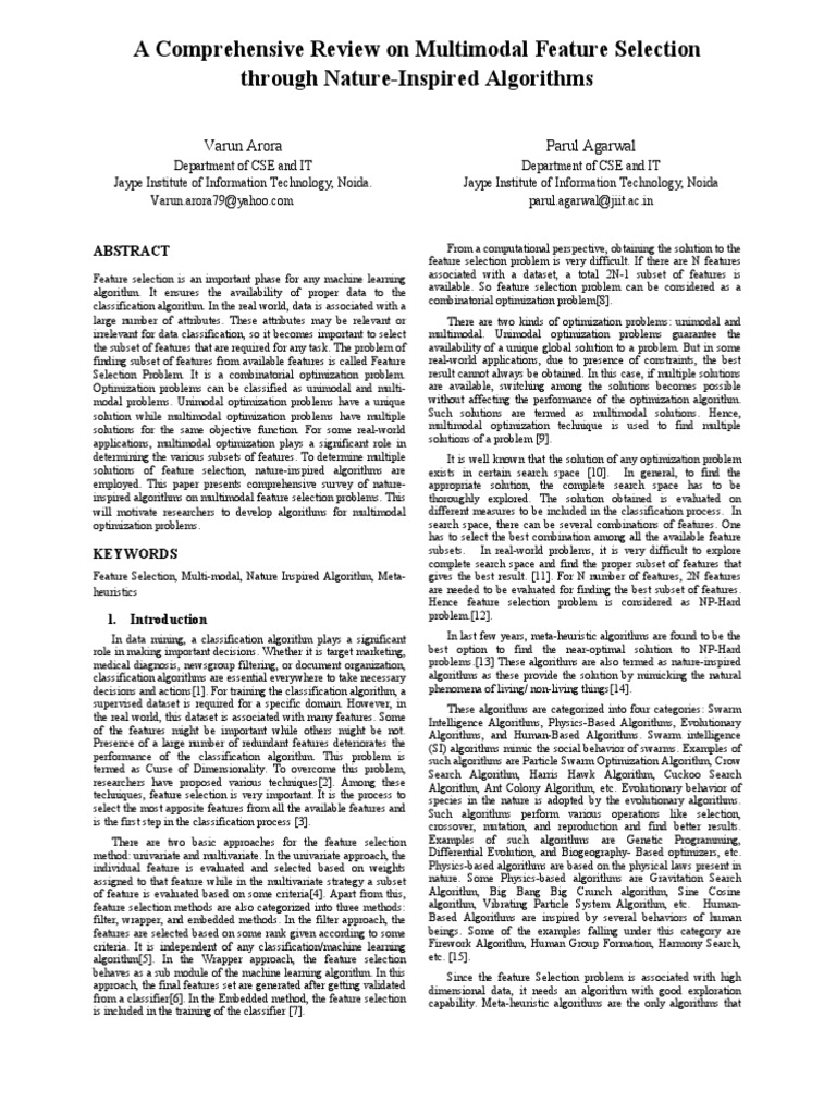 A Comprehensive Review On Multimodal Feature Selection Through Nature
