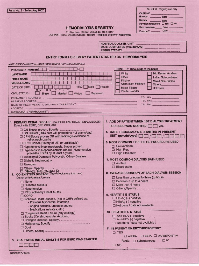 Hemodialysis Registry Form | PDF