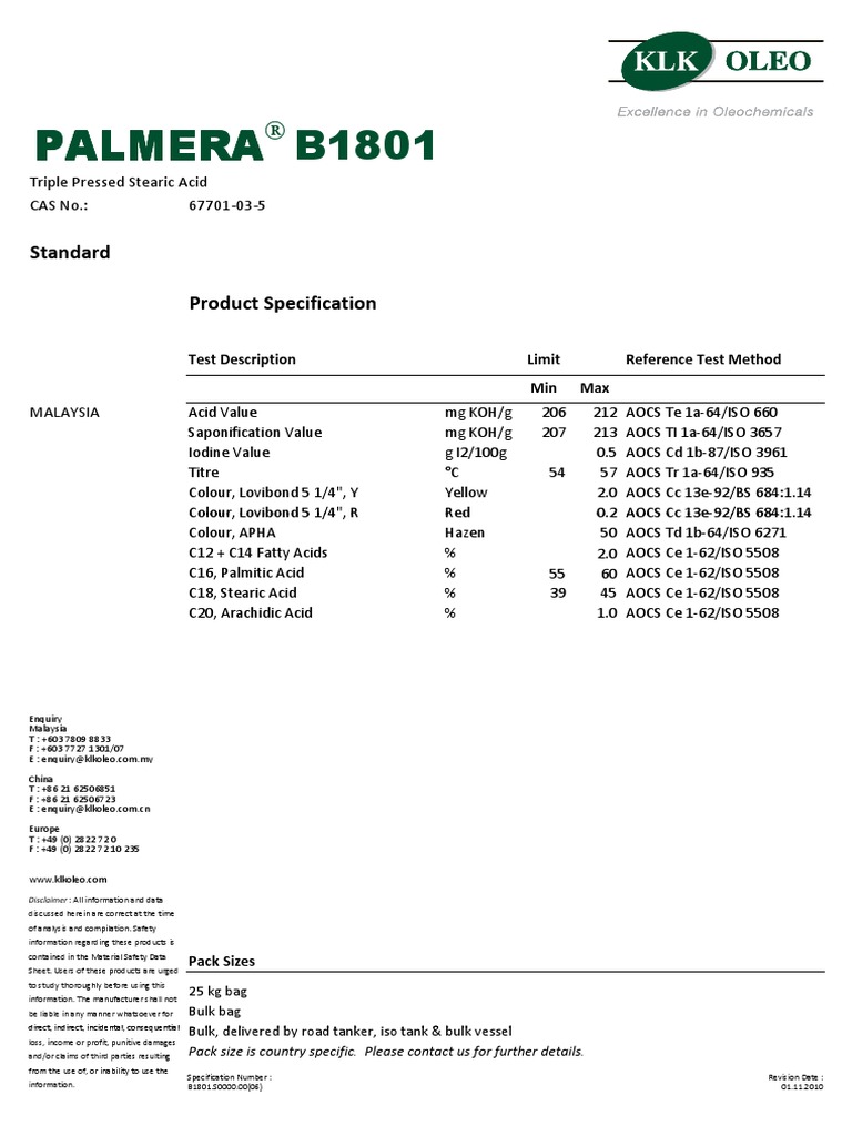 TDS-PALMERA B1801-Triple Pressed Stearic Acid | PDF | Chemical ...