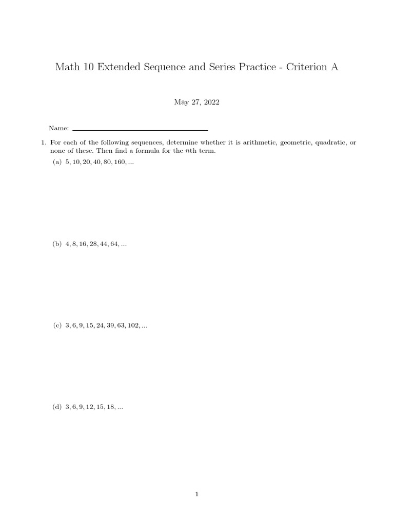 Math 10 Extended Sequence and Series Practice - Criterion A | PDF | Mathematical Objects ...