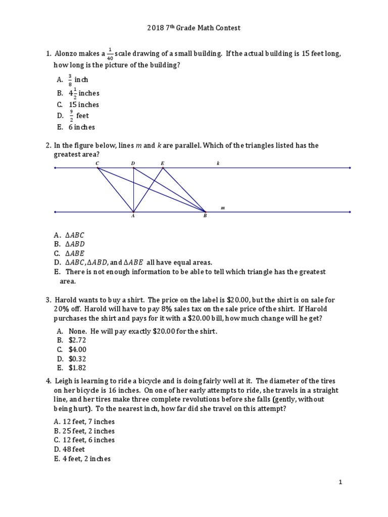 APSU Practice Test 2018 - Grade7 | PDF | Area | Angle