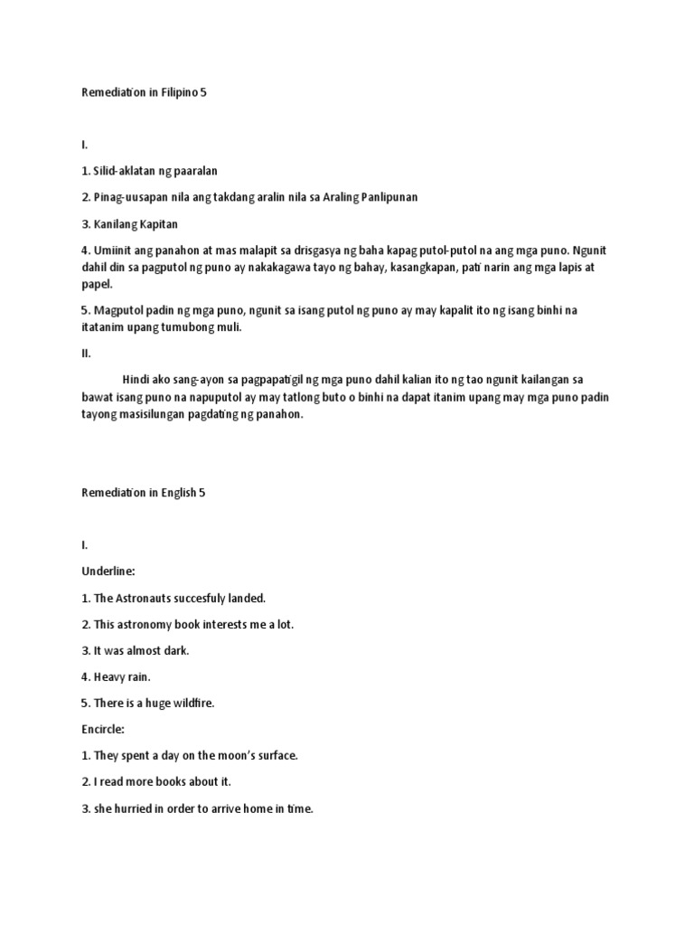 Remediation in Filipino 5 | PDF