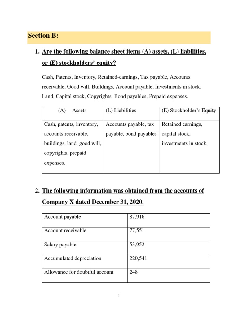 Section B:: 1. Are The Following Balance Sheet Items (A) Assets, (L ...
