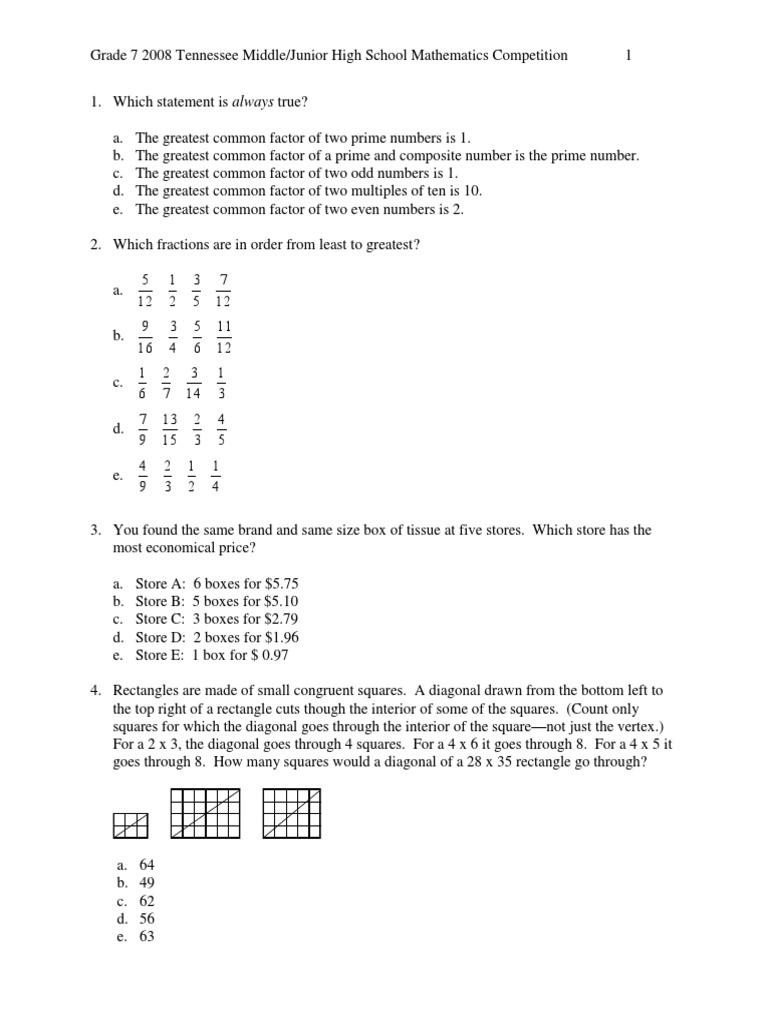 Math Contest Practice Test Grade 7 | PDF | Mathematics | Elementary ...