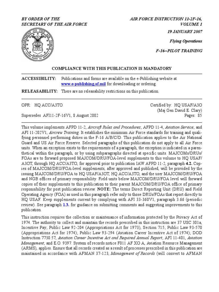 By Order of The Secretary of The Air Force Air Force Instruction 11-2F ...