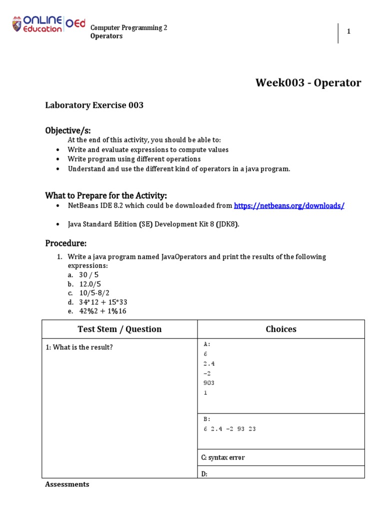 Week003 - Operator: Laboratory Exercise 003 | PDF | Computer Program | Programming
