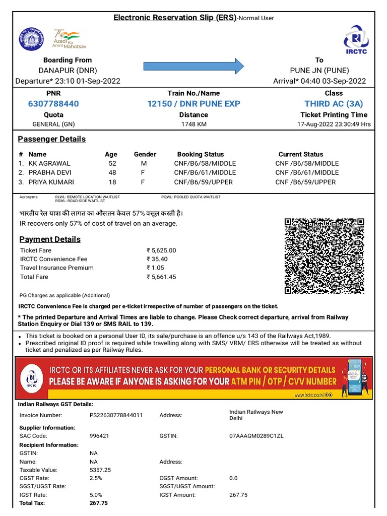 DNR Pune Exp Third Ac (3A) | PDF | Identity Document