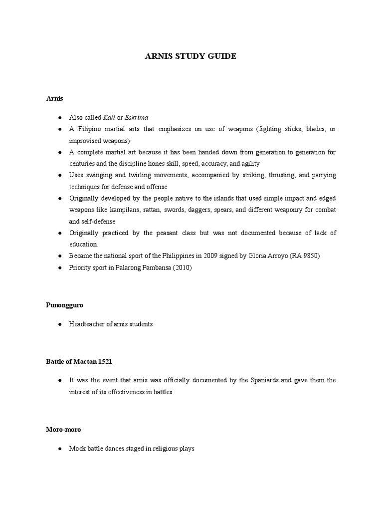 Arnis Study Guide | PDF | Individual Sports | Combat Sports