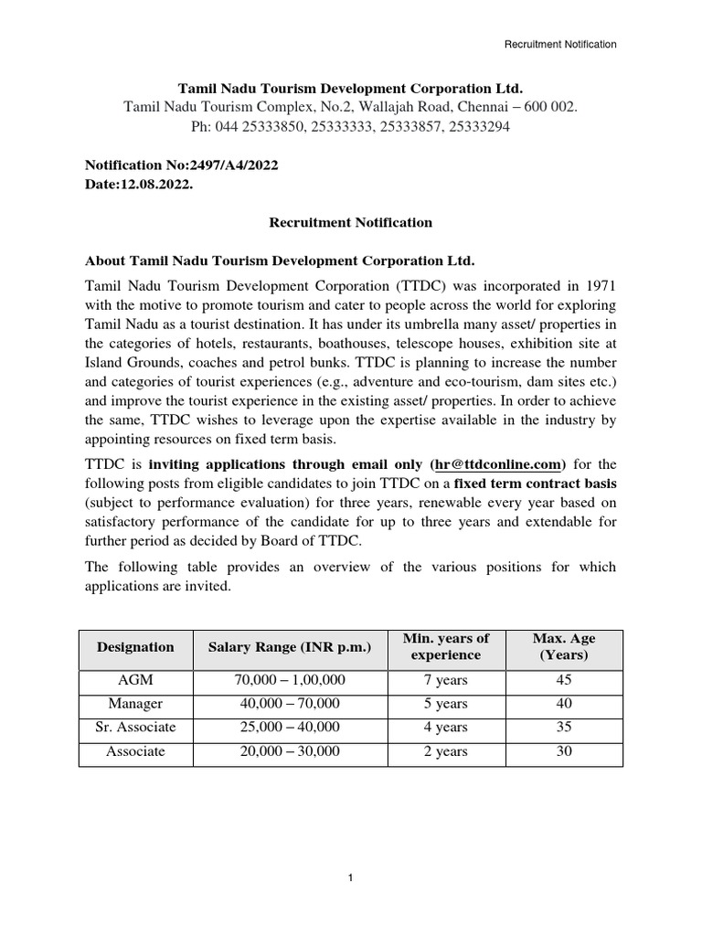 TTDC AGM Manager Posts Notification | PDF | Tourism | Recruitment
