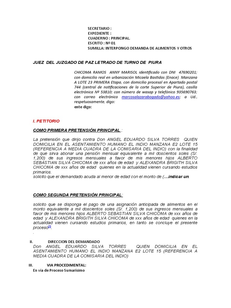 Modelo de Demanda de Alimentos | PDF | Pensión alimenticia ...